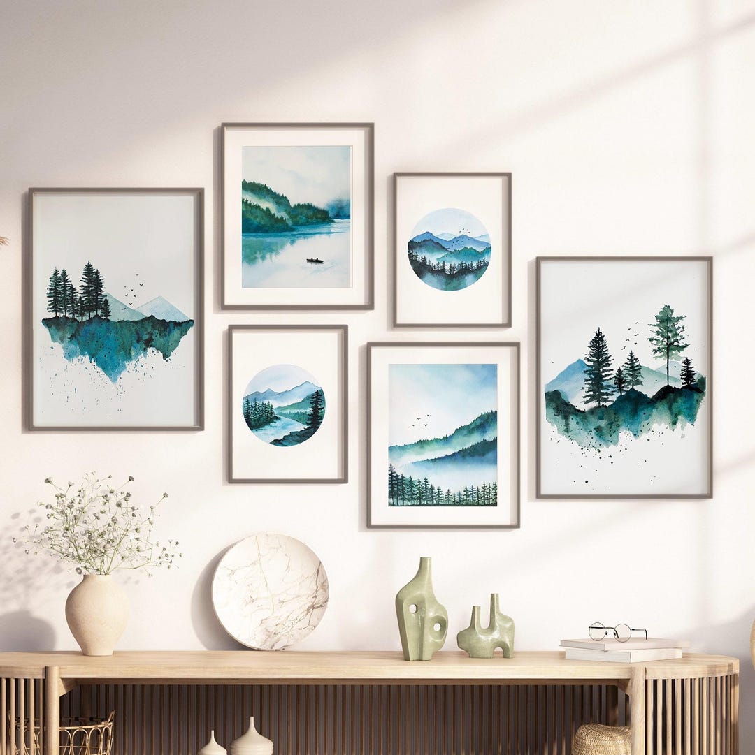 Watercolor Mountain Poster Set, Nature Landscape Posters, Set of 6 Wall ...