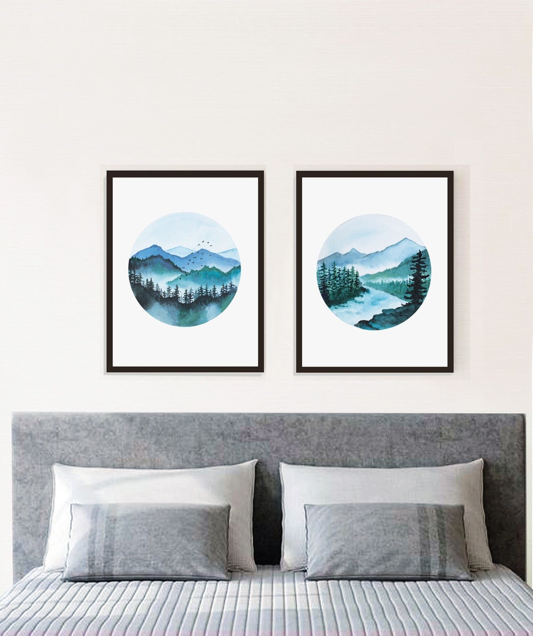 Set of 2 Watercolor Mountain Art, Circle Shape Painting, Misty Forest ...