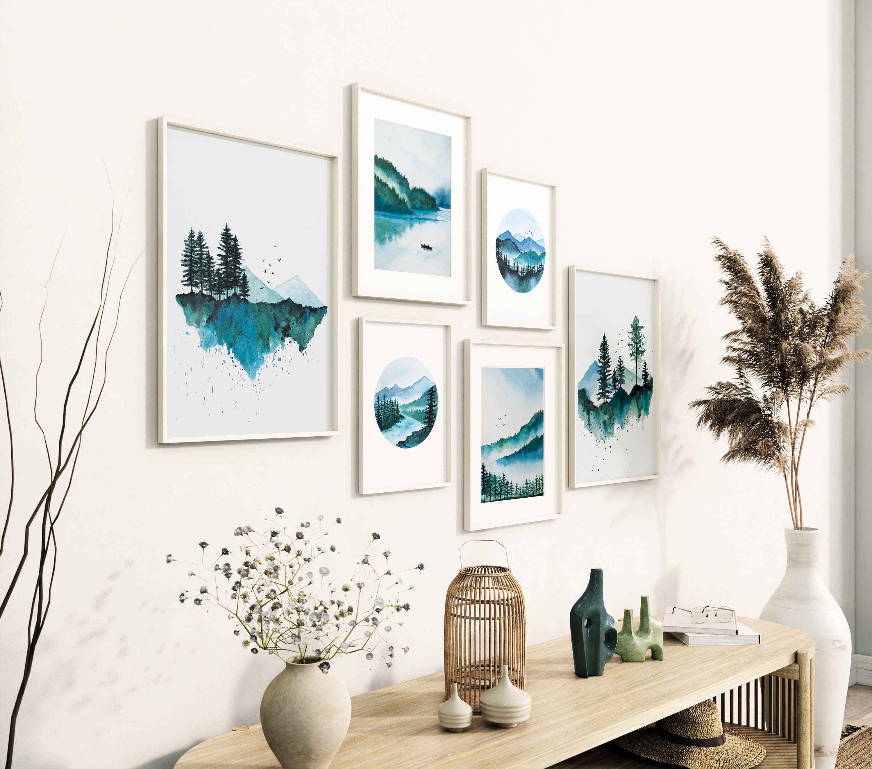Watercolor Mountain Poster Set, Nature Landscape Posters, Set of 6 Wall ...