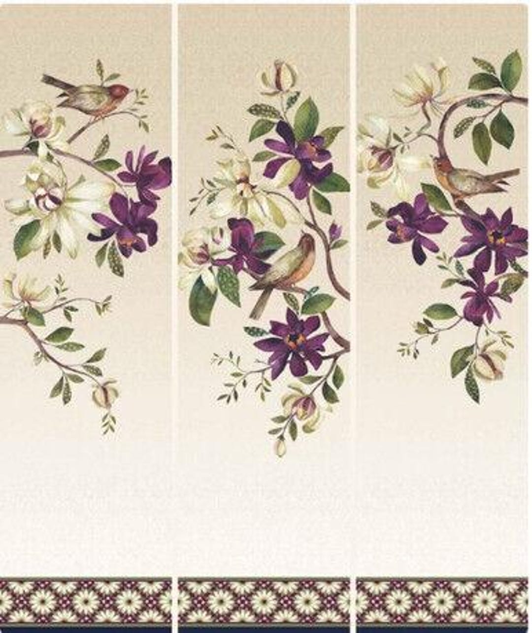 Northcott Avalon 36 Tryptic Floral and Bird Panel Digital Beige - Etsy