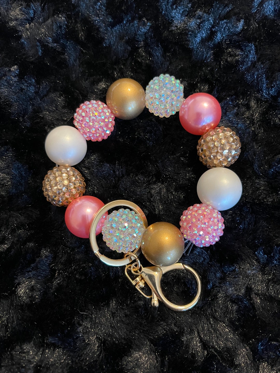Bubblegum Bead Keychain, Pink and Gold Wristlet Keychain - Etsy