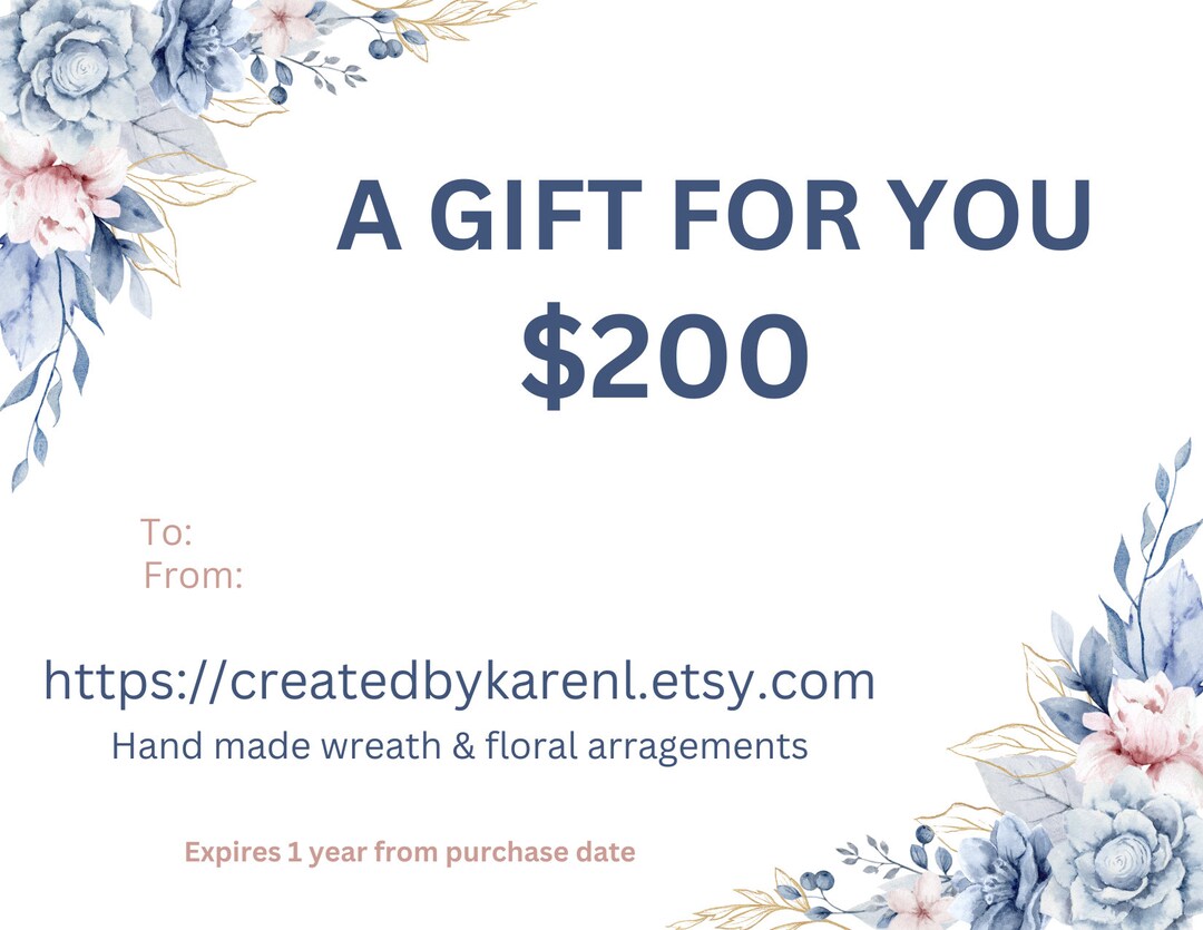 Electronic Downloadable Gift Certificate, 200 Dollar Gift Card, E Gift ...