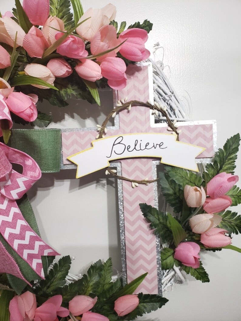 Spring Pink Tulip and Cross Welcome Wreath Religious Home | Etsy