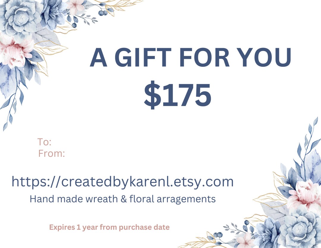Electronic Downloadable Gift Certificate, 175 Dollar Gift Card, E Gift ...