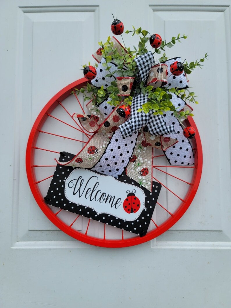 Lady Bug Welcome Door Hanger, Red Wheel Ladybug Door Hanger, Ladybug ...