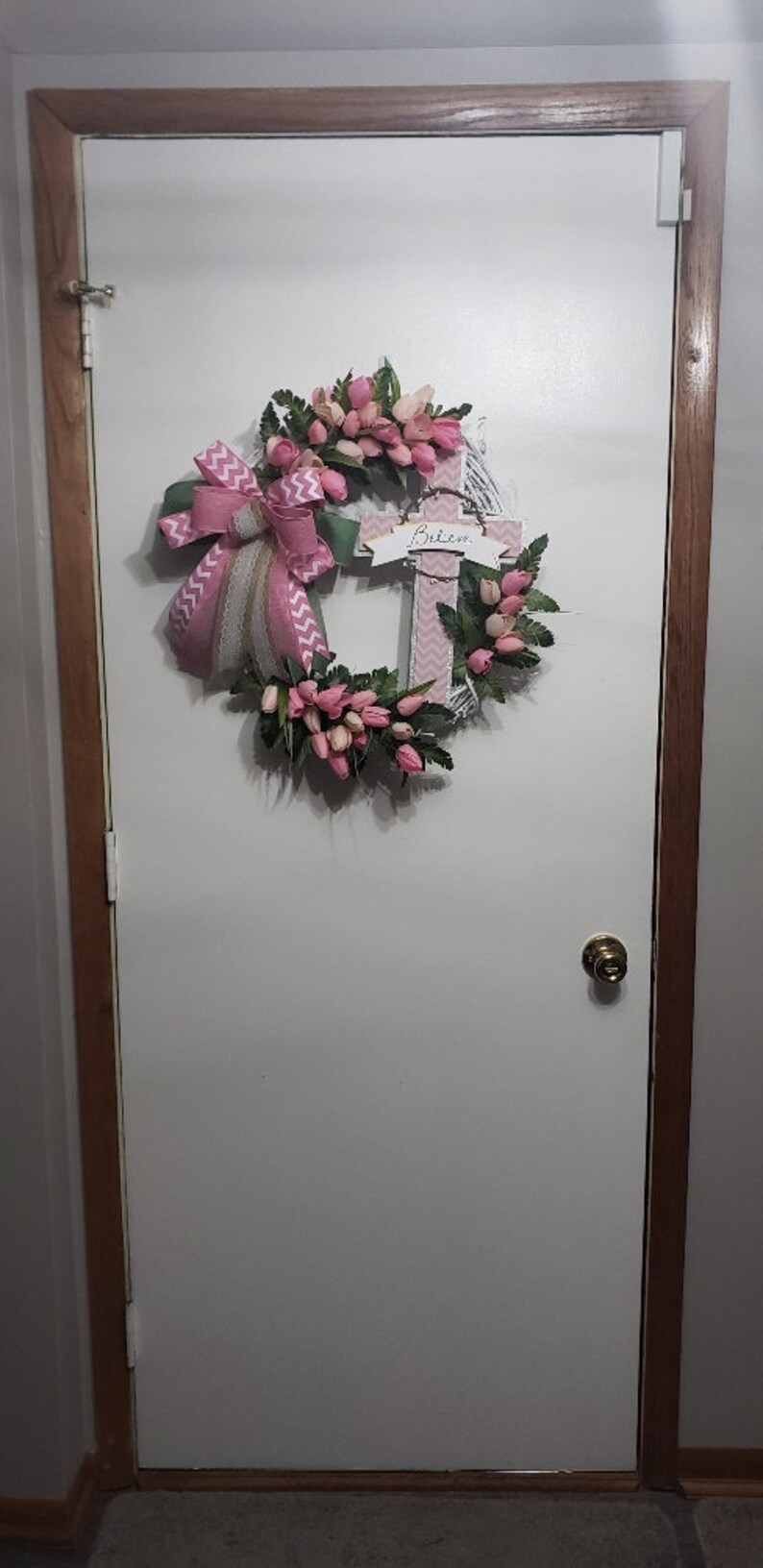 Spring Pink Tulip and Cross Welcome Wreath Religious Home | Etsy