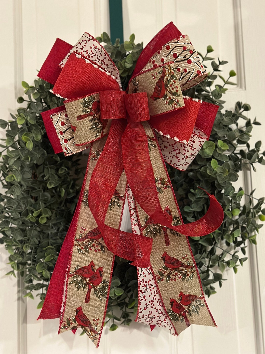 Red Cardinal Bow, Christmas Bow, Wreath Bow, Lantern Bow, Door Hanger ...