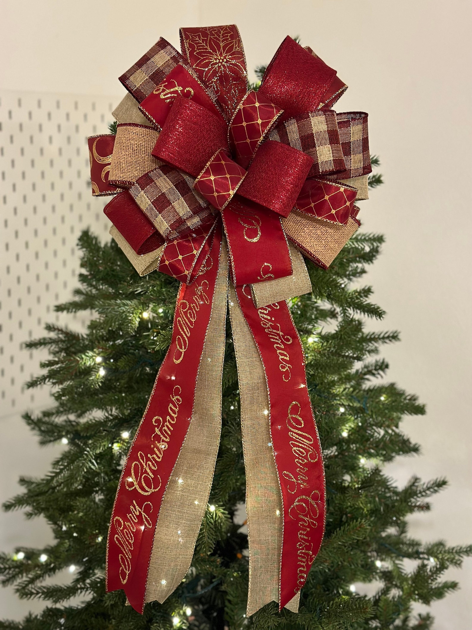 Handmade Burgundy & Gold Christmas Tree Topper, Plaid Bow - Etsy