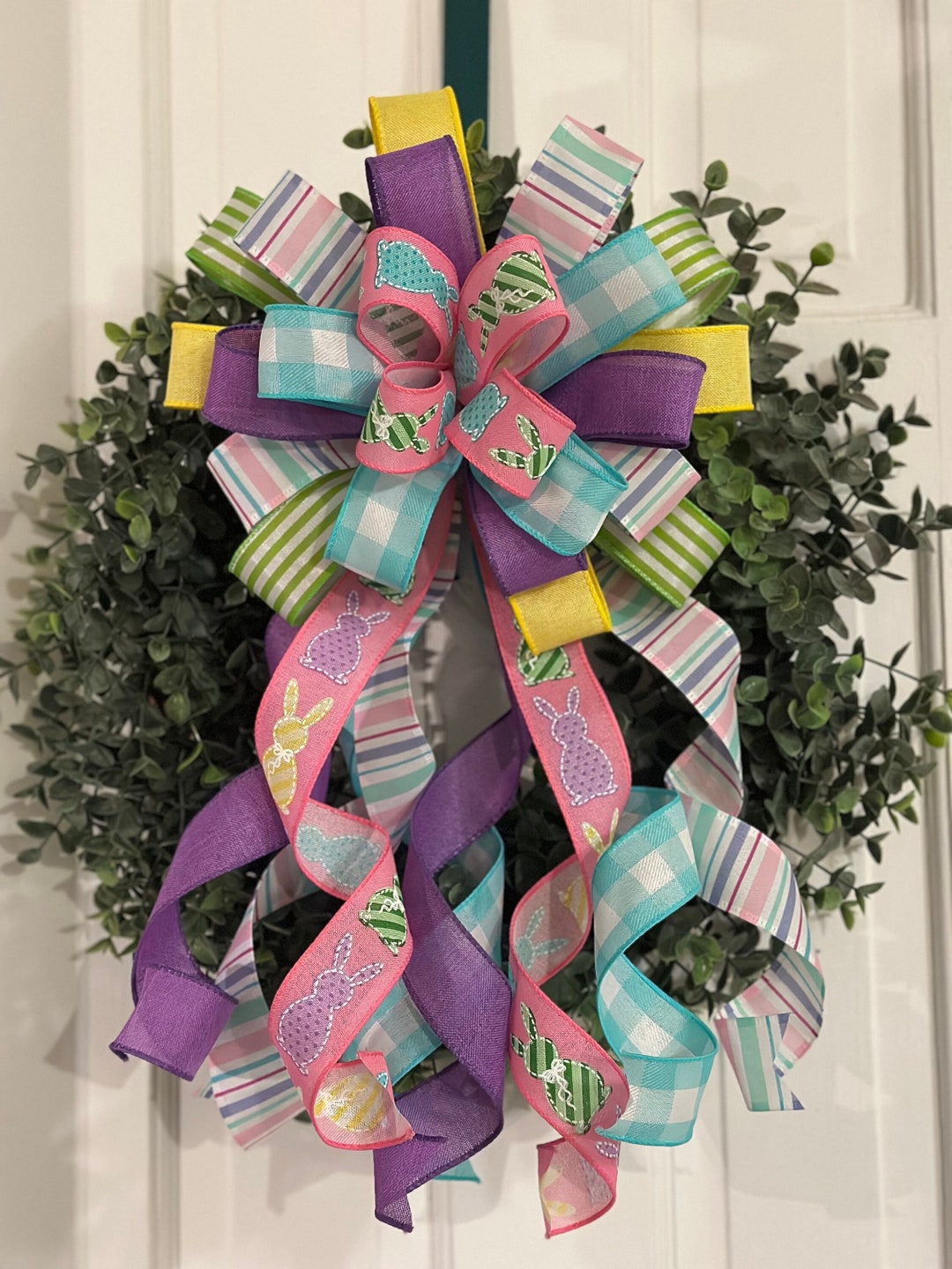 Easter Bunny Bow, Easter Bow, Happy Easter Bow, Plaid & Stripes Bow ...