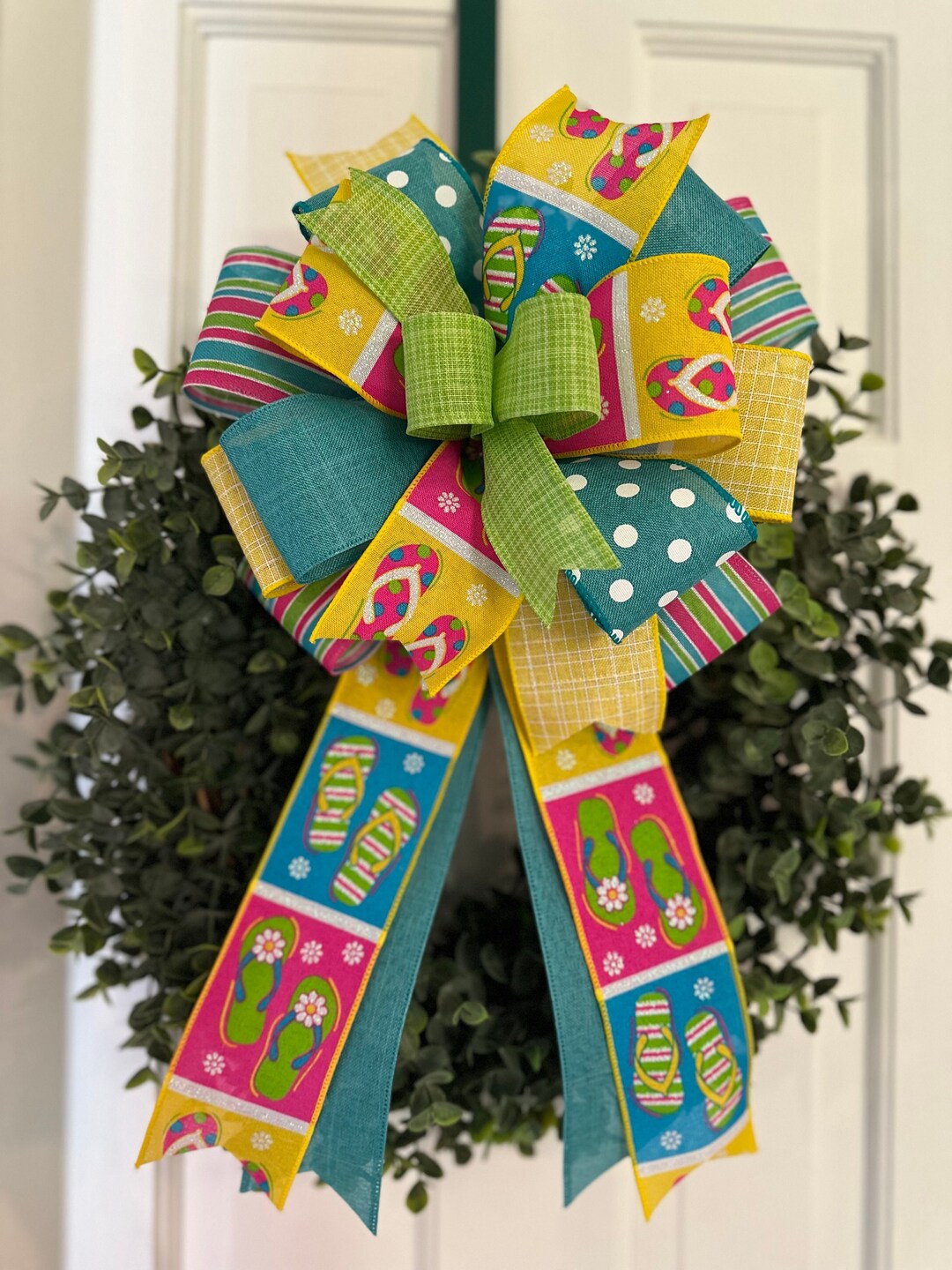 Summer Bow, Flip Flops Bow, Beach Bow, Polka Dots & Stripes Bow, Wreath ...
