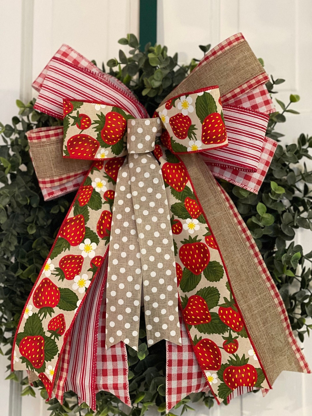 Strawberries & Plaid Bow, Strawberry Themed Bow, Plaid Bow, Beige and ...