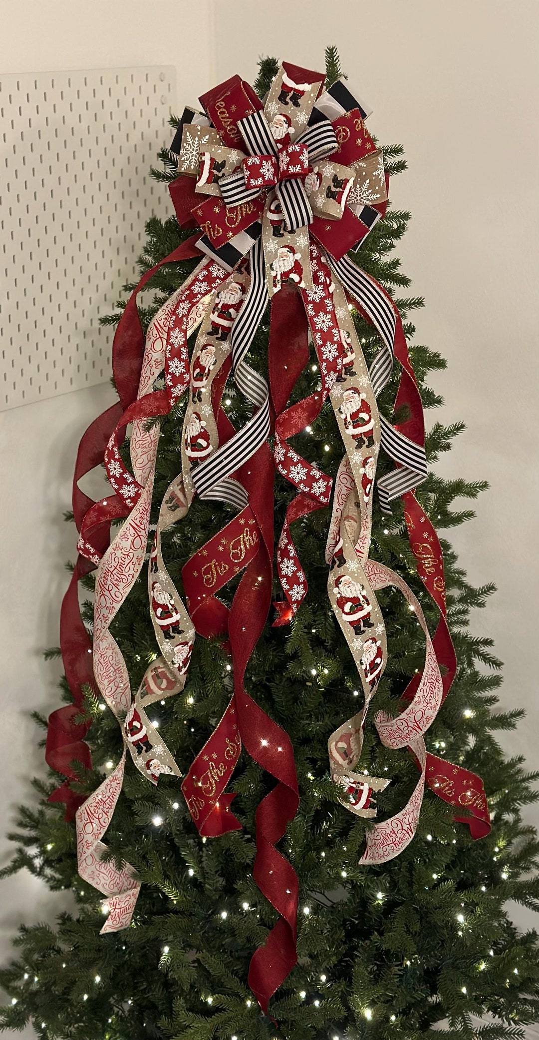 Handmade Santa Christmas Tree Topper Bow, Red, Gold, and Black Ribbons ...