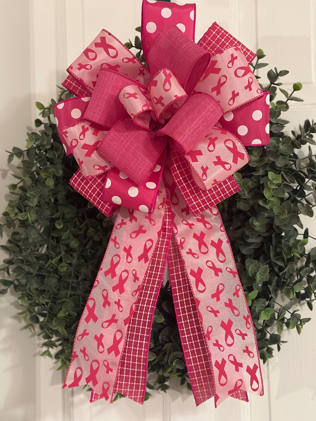 Breast Cancer Awareness Bow, Pink Bow, Awareness Bow, Wreath Bow, Door ...