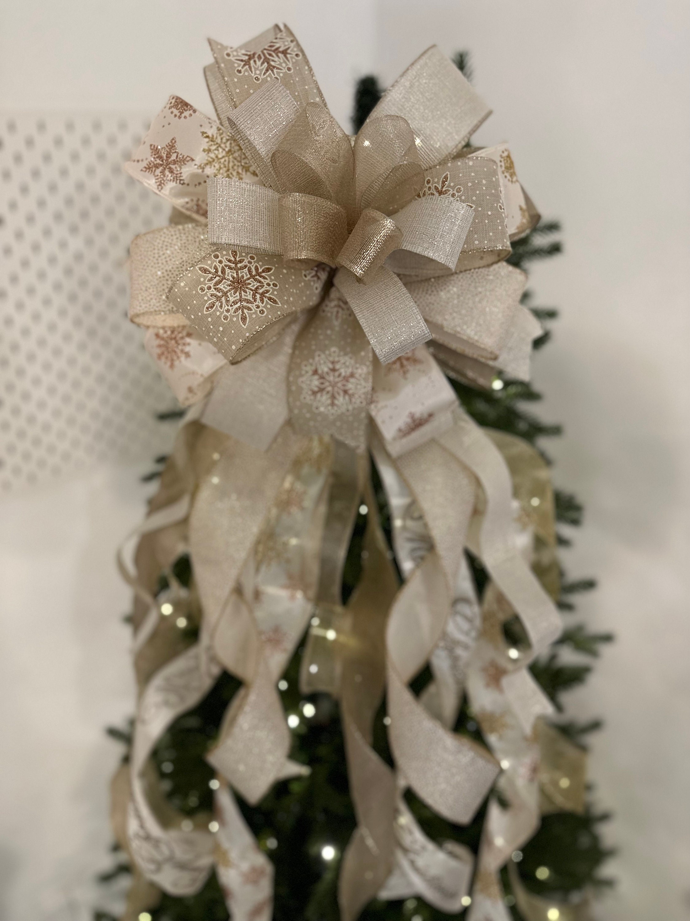 Gold & Ivory Snowflake Christmas Tree Topper Bow - Etsy