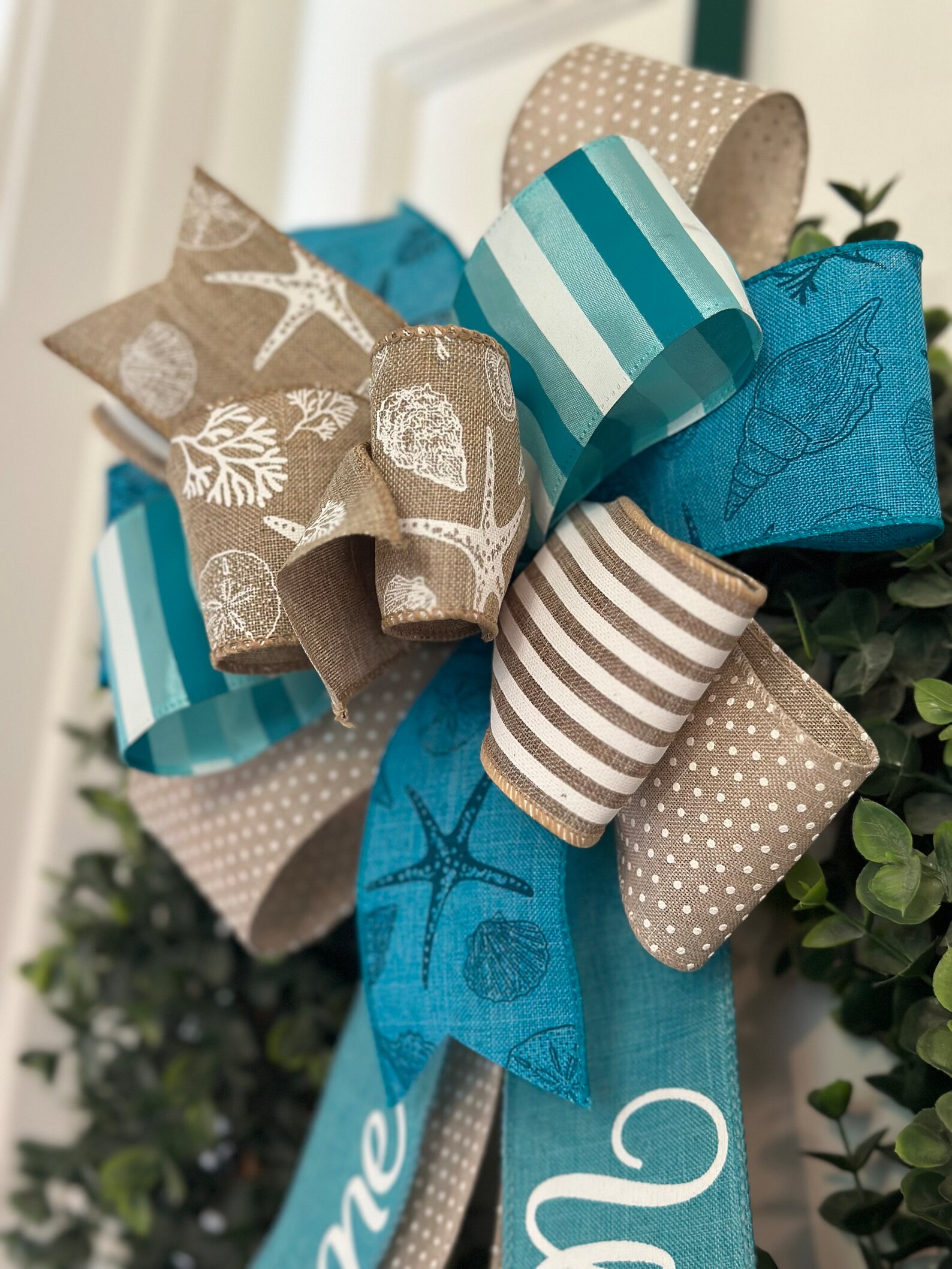 Summer Bow, Wreath Bow, Seashells Bow, Door Hanger, Mailbox Bow, Beach ...