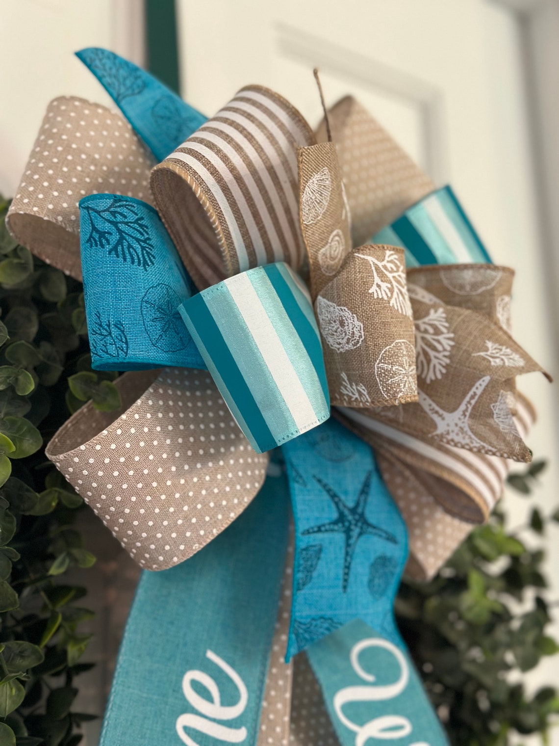 Summer Bow, Wreath Bow, Seashells Bow, Door Hanger, Mailbox Bow, Beach ...