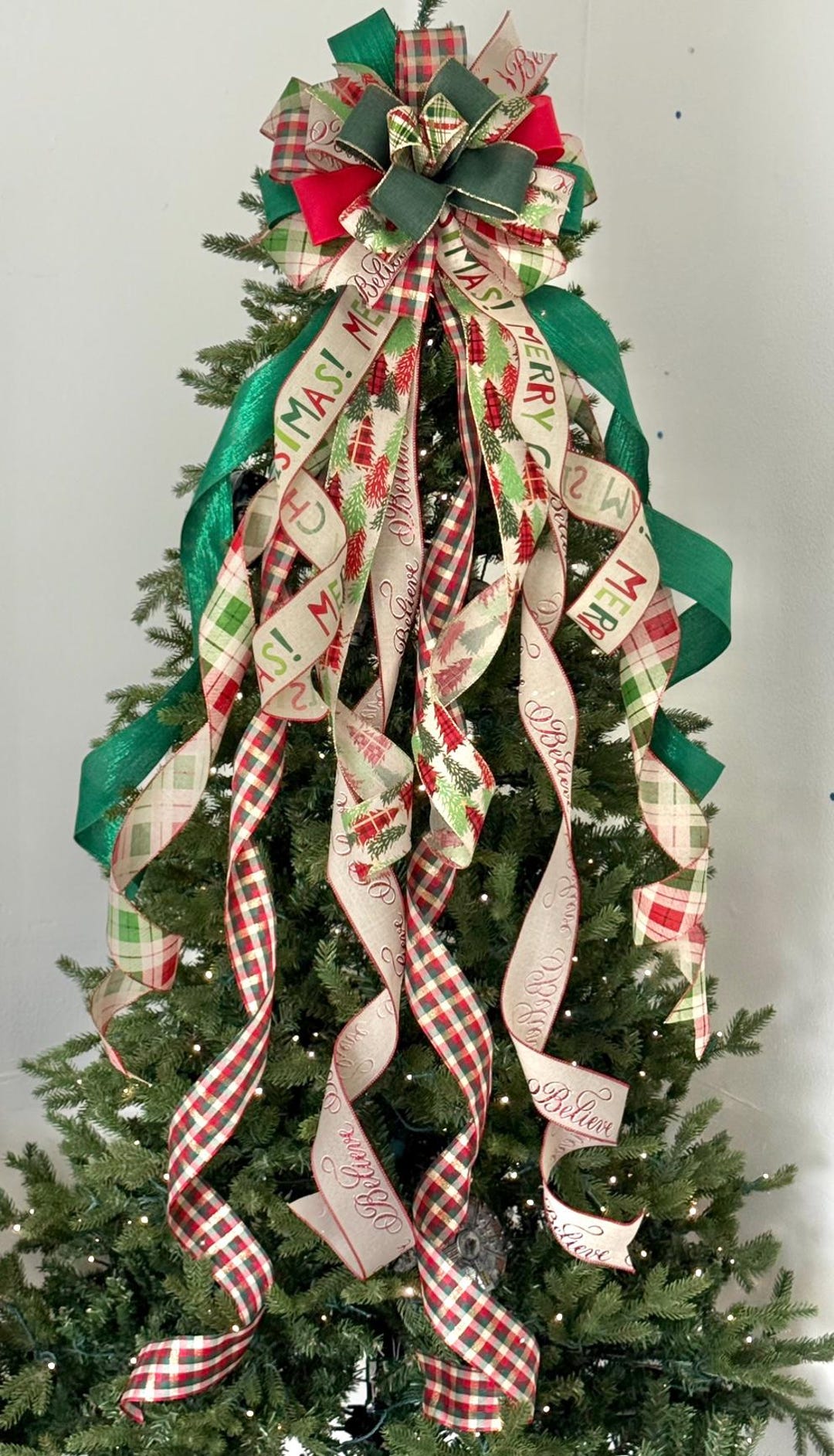 Merry Christmas Tree Topper, Believe Tree Topper, Plaid Christmas Tree ...