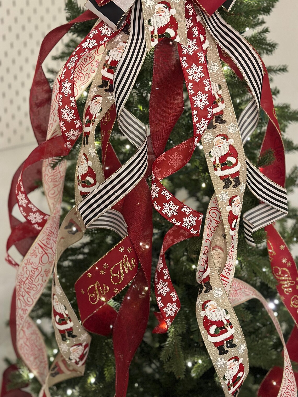 Handmade Santa Christmas Tree Topper Bow, Red, Gold, and Black Ribbons ...