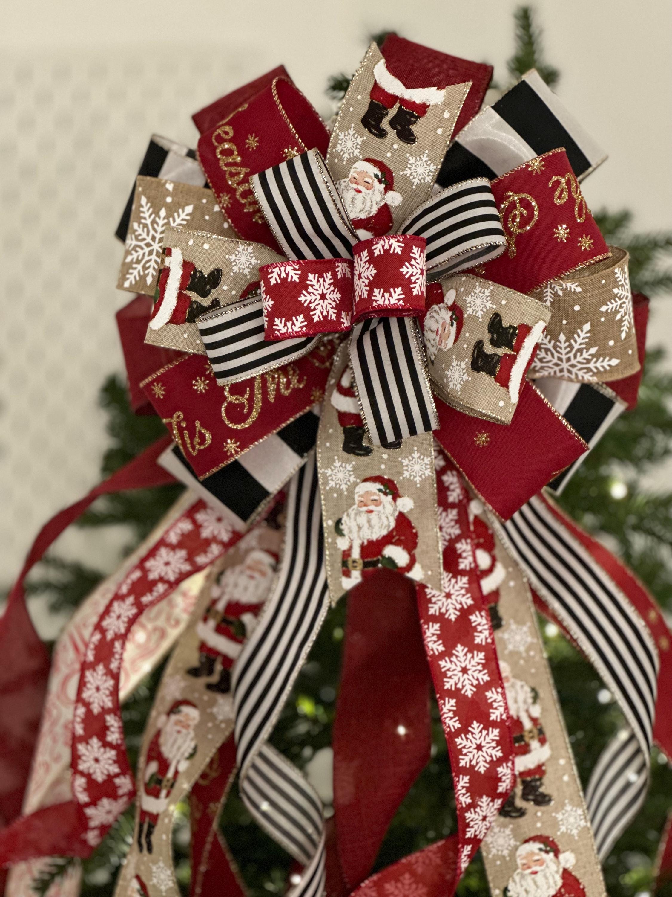 Handmade Santa Christmas Tree Topper Bow, Red, Gold, and Black Ribbons ...