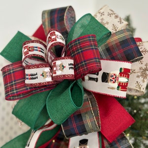 Nutcracker Tree Topper, Christmas Tree Topper, Nutcracker & Plaid Bow, Red and Green Bow, Merry ...