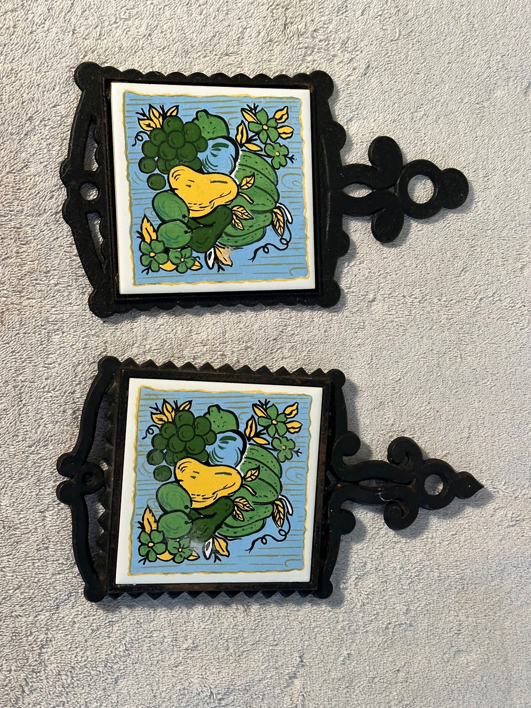 Vintage Cast Iron Ceramic Tile Trivet Set of 2 Home and Kitchen Decor ...