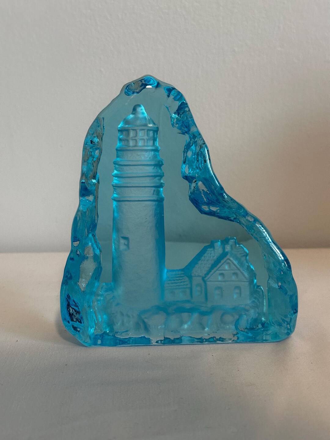 Vintage Reverse Etched Blue Glass Lighthouse Desk Paperweight Home and ...