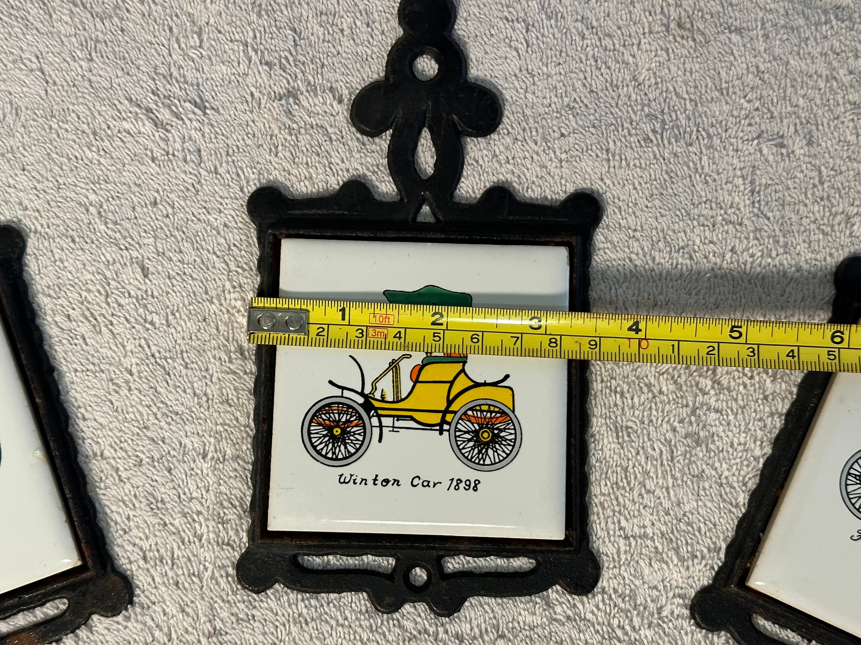 Vintage Cast Iron Automobile Themed Ceramic Tile Holder Trivet Complete ...