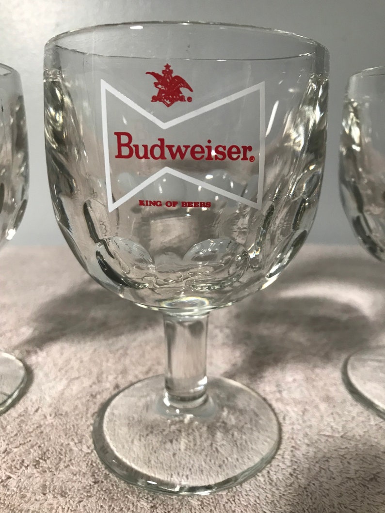 Vintage Heavy Glass Budweiser Thumbprint Bow Tie Logo Goblet Set of 3 ...