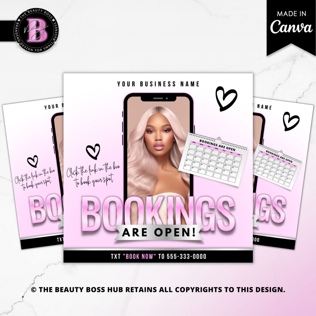 Bookings Open Flyer Editable in Canva, Book Now Template, Lash Nail ...