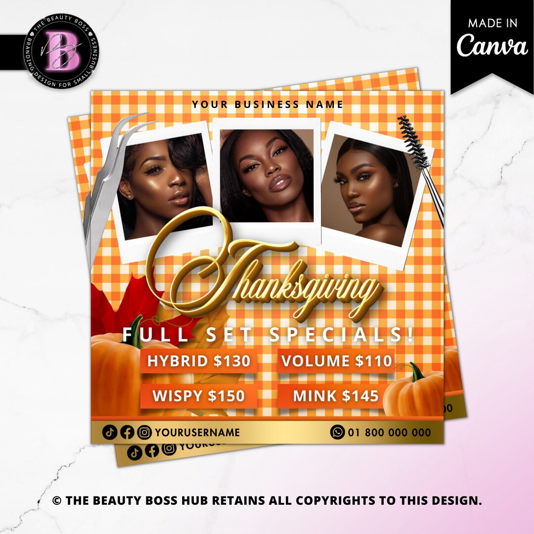 Thanksgiving Lash Flyer, Fall Lash Flyer, Lash Special Flyer, Lashes Sale Flyer, Lash Extension ...