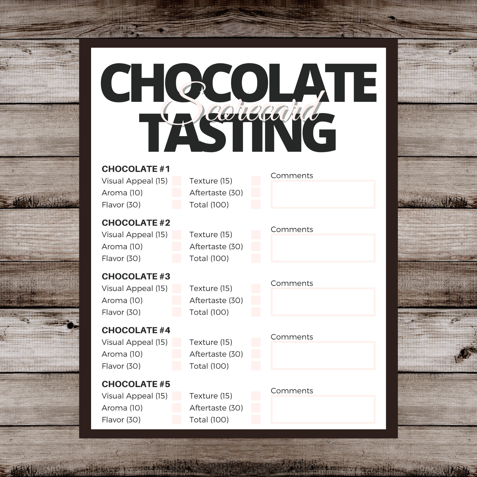 Instant Download Chocolate Tasting and Rating Scorecard Digital ...