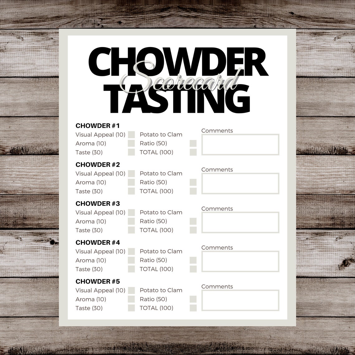 Instant Download Chowder Tasting and Rating Scorecard - White ...