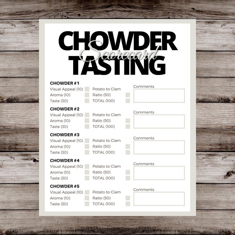 Instant Download Chowder Tasting and Rating Scorecard - White ...