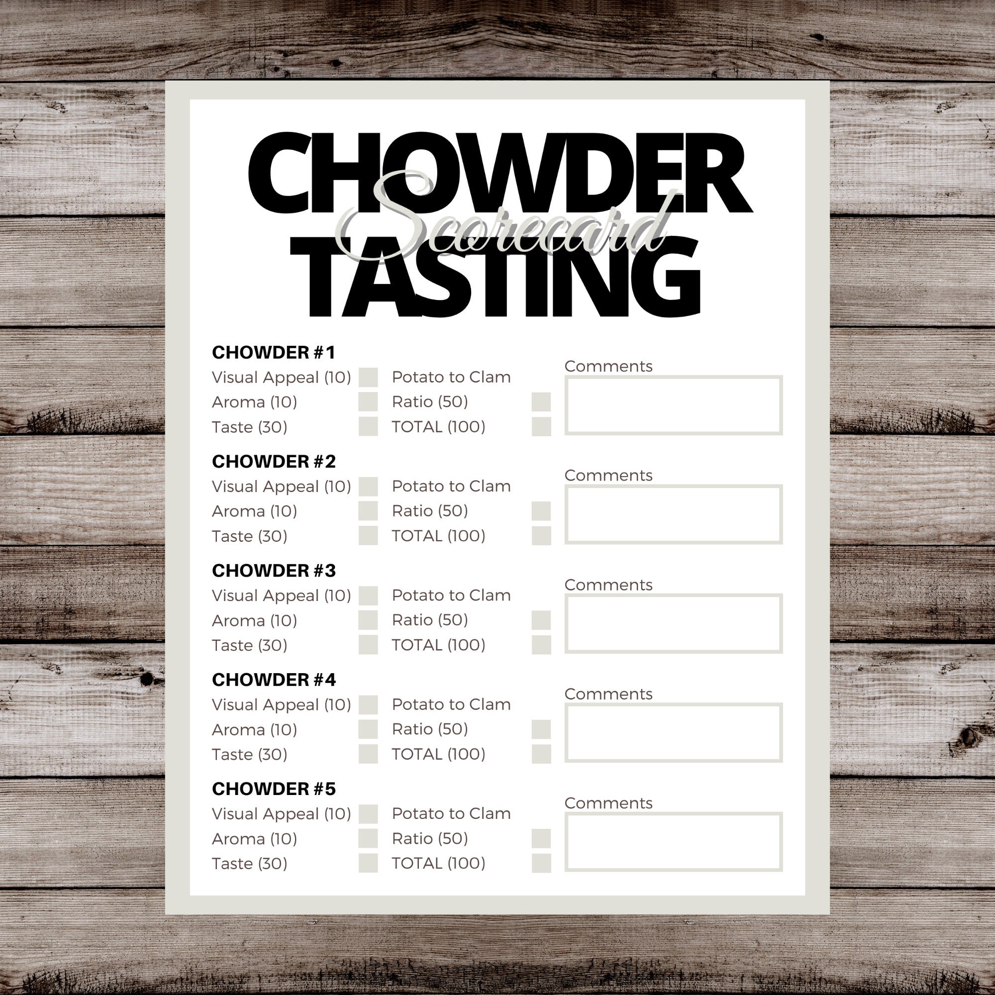 Instant Download Chowder Tasting and Rating Scorecard - White ...