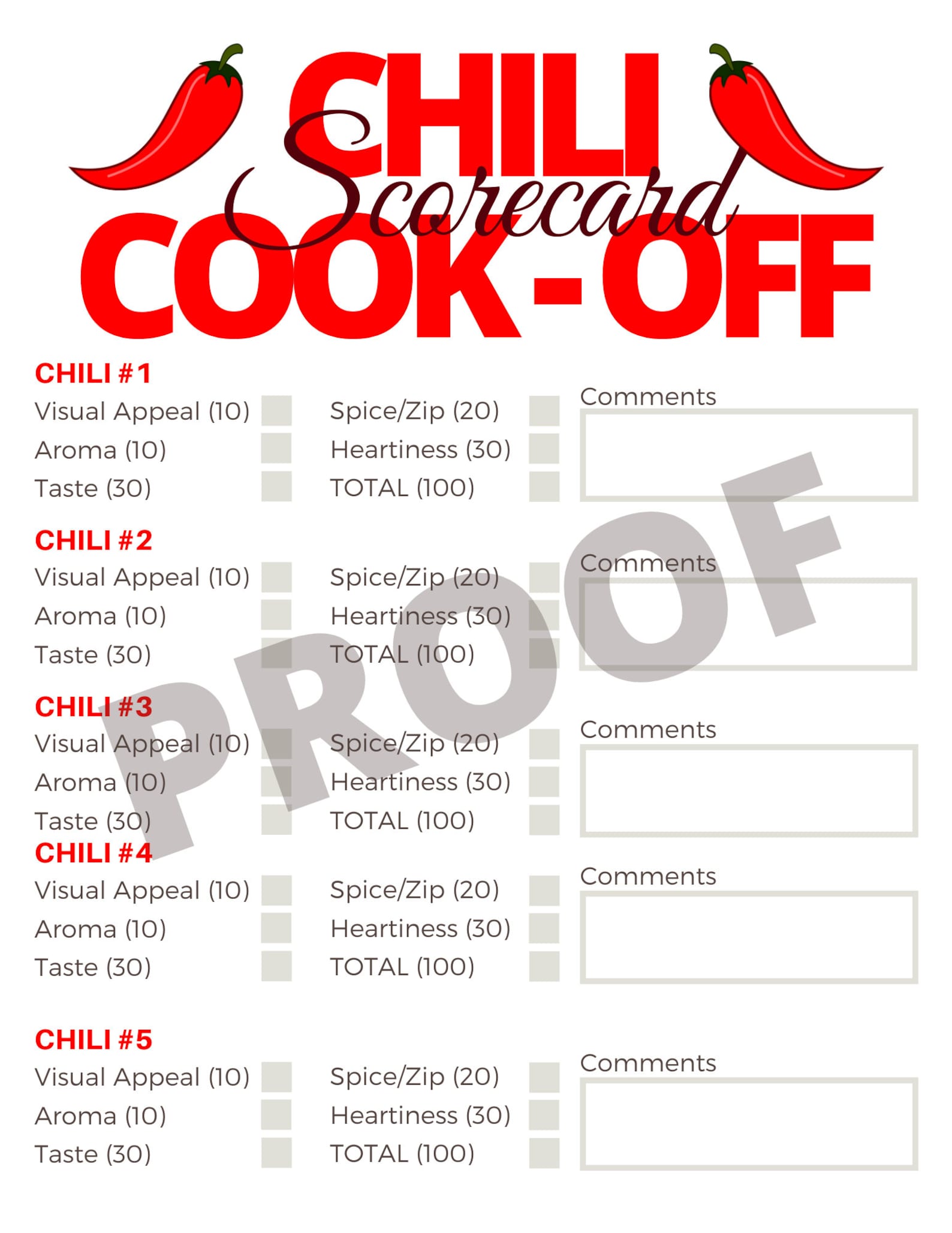 Instant Download Chili Cook-off Tasting and Rating Scorecard - White ...