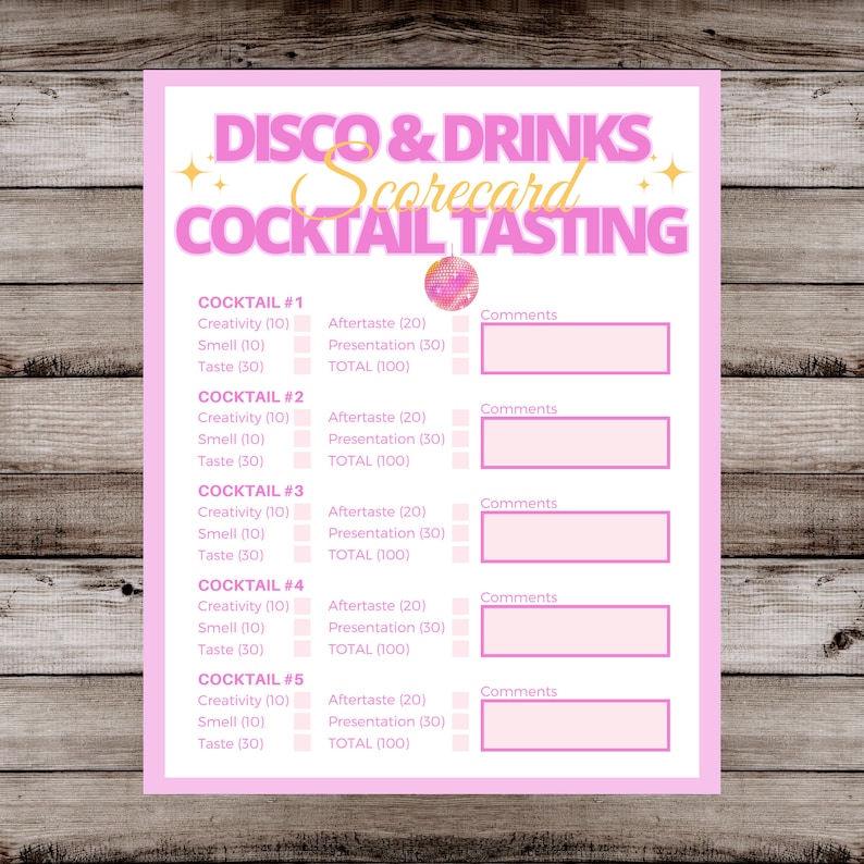 Instant Download Disco & Drinks Cocktail Tasting and Rating Scorecard ...