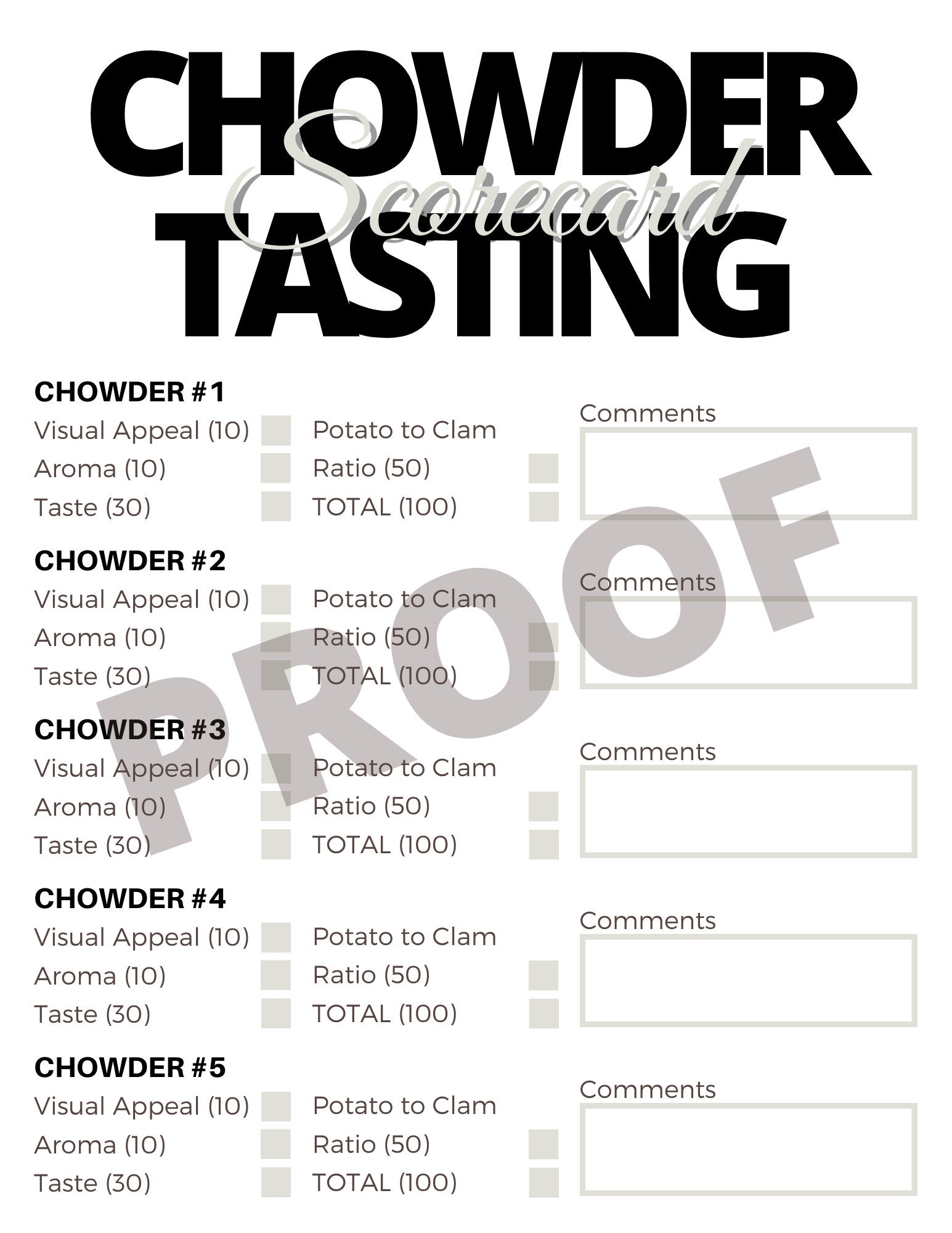 Instant Download Chowder Tasting and Rating Scorecard - White ...