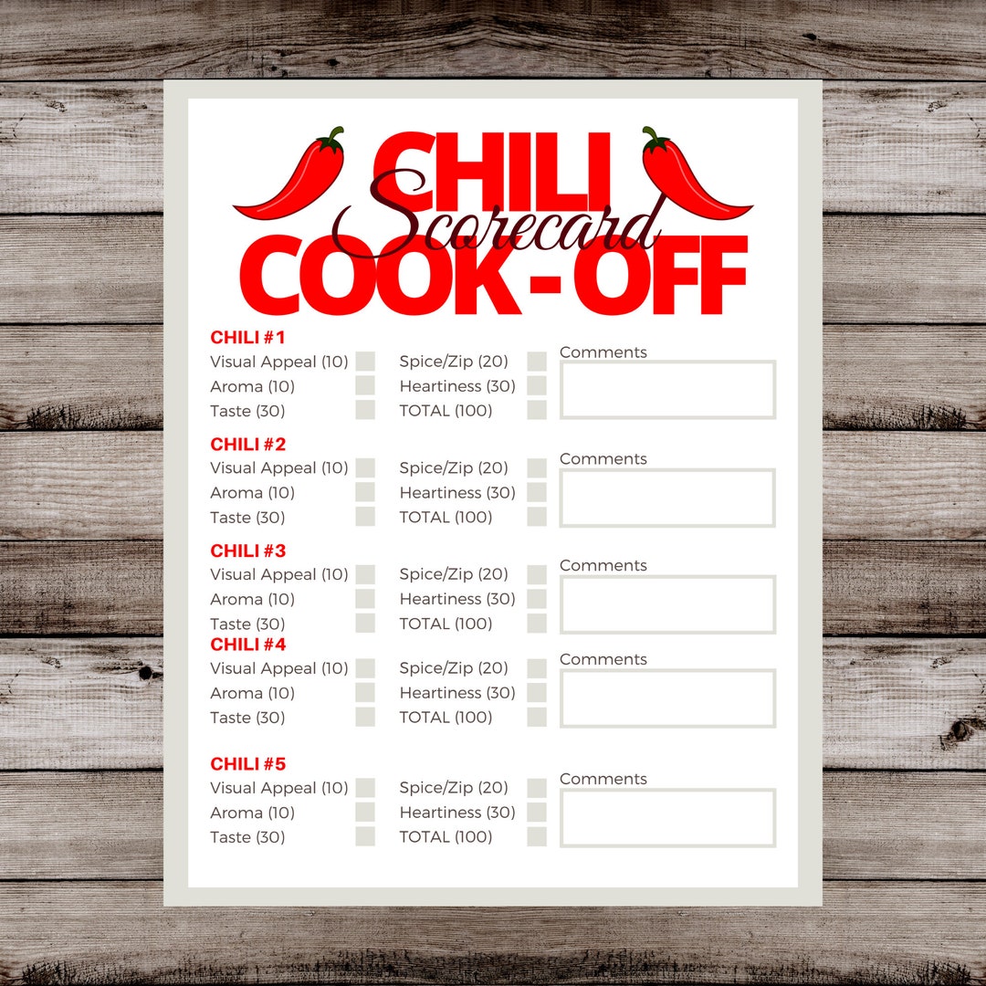 Instant Download Chili Cook off Tasting And Rating Scorecard White Instant Download Chili Cook off Tasting And Rating Scorecard White
