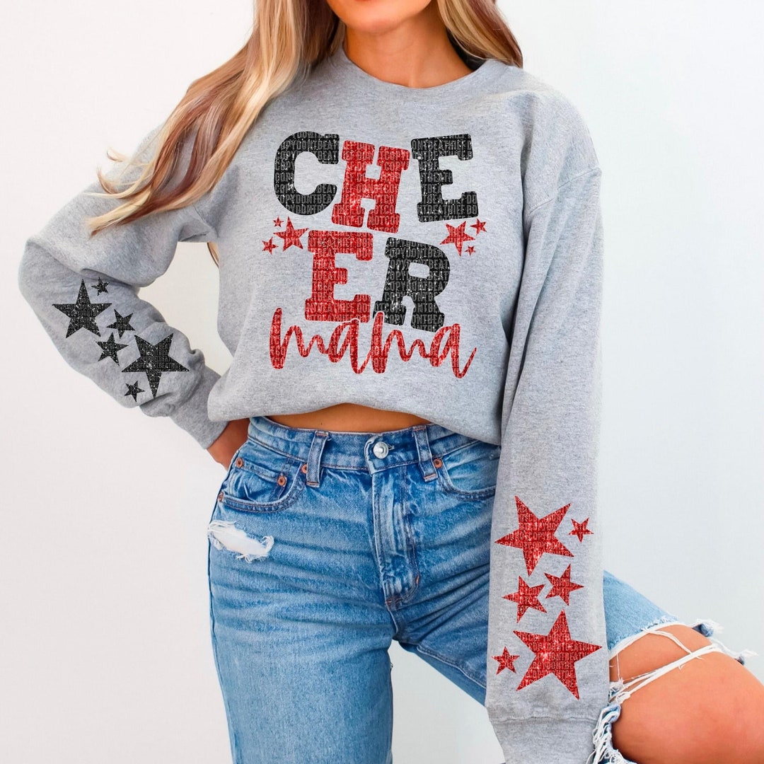 Cheer Mama Red and Black Star Print Graphic Tee or Sweater, Faux ...