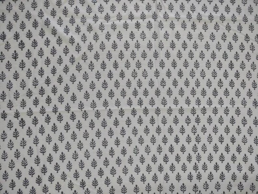 Hand Block Printed Cotton Fabric – Minimal Leaf Print, Neutral Grey ...
