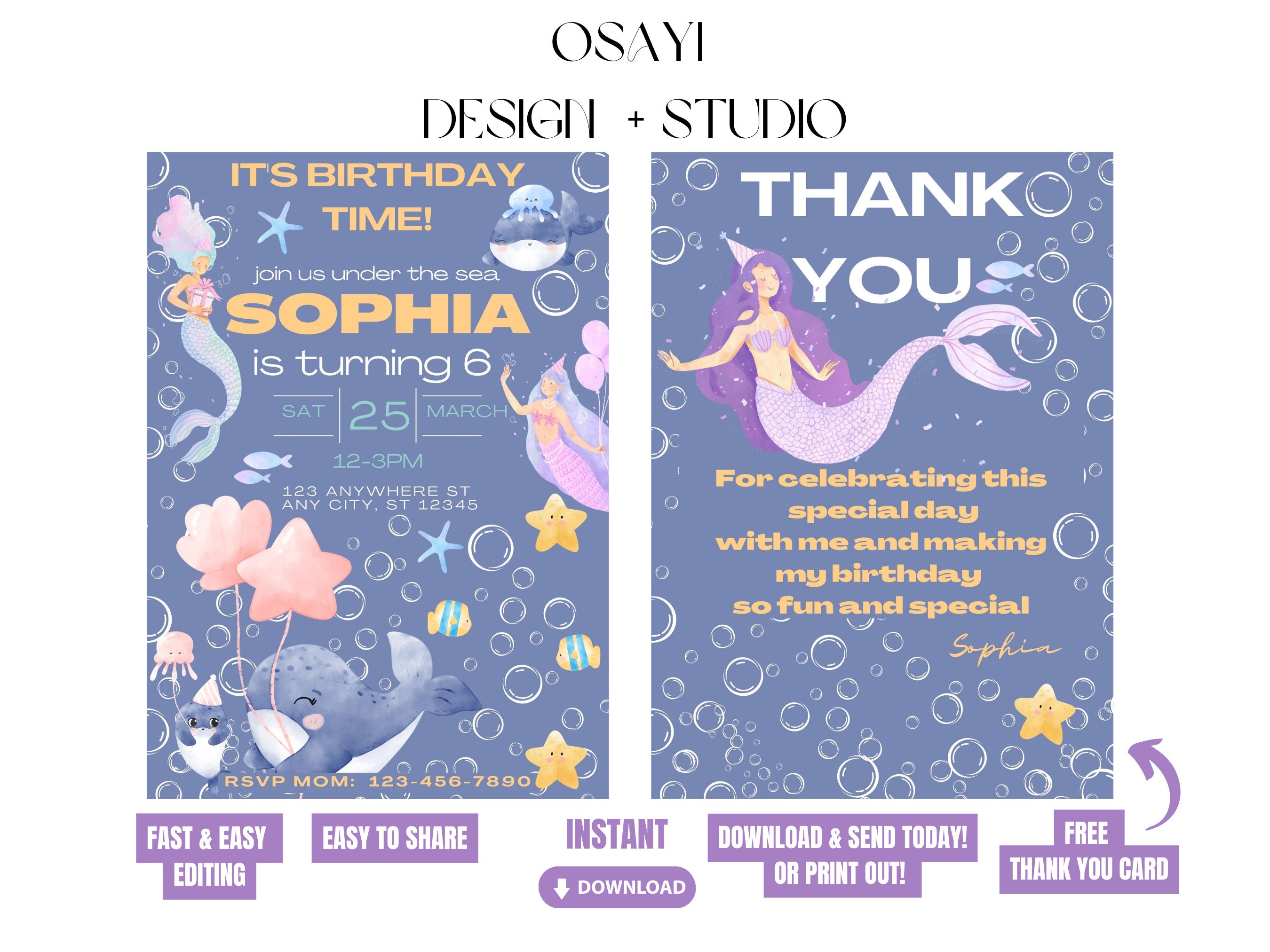 Editable Mermaid Birthday Invitation, Mermaid Invite, Under the Sea ...