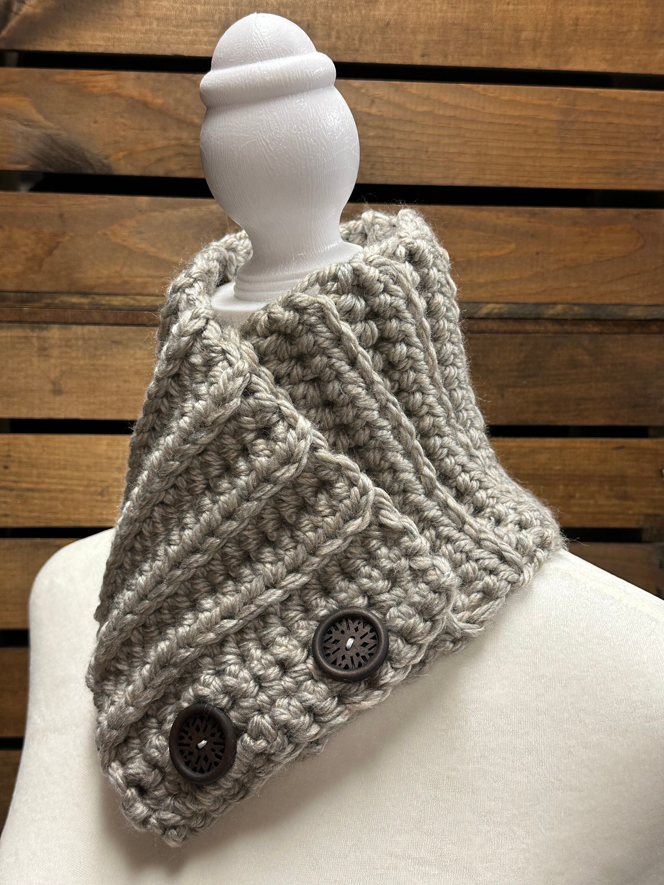 Button Neck Scarf, Crocheted Cowl, Warm and Cozy - Fall Frost - Grey - Etsy