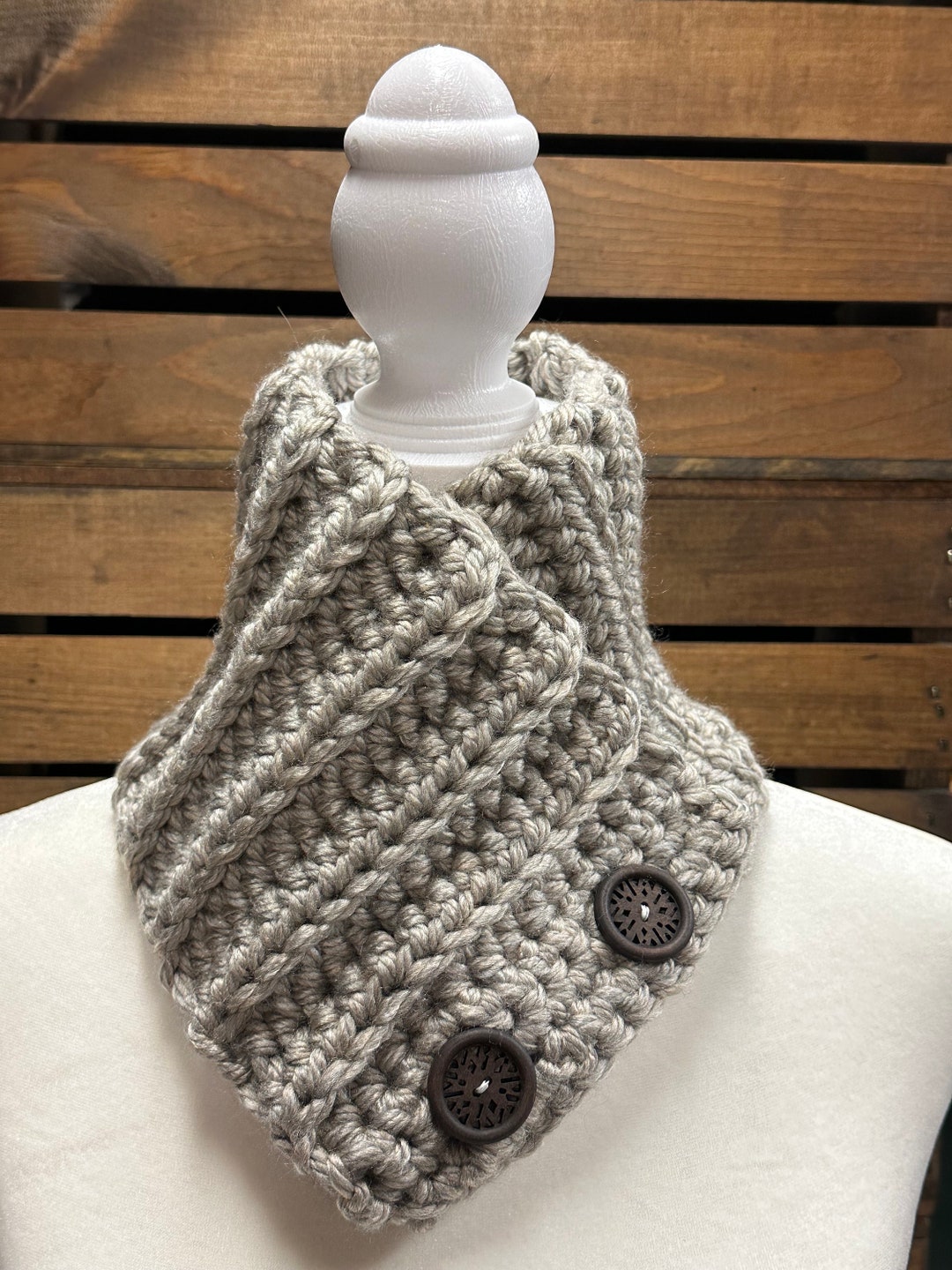 Button Neck Scarf, Crocheted Cowl, Warm and Cozy - Fall Frost - Grey - Etsy