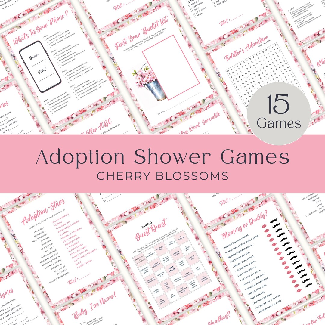 Pink Cherry Blossoms Adoption Shower Game Bundle, Party Games ...