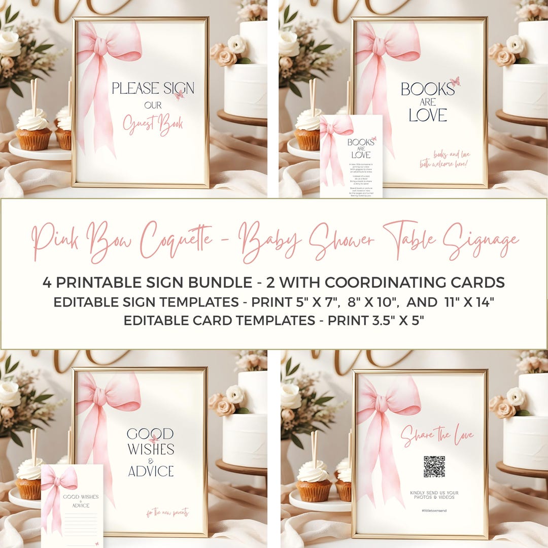 Pink Bow Table Sign Bundle With Coordinating Cards - Guest Book, QR ...