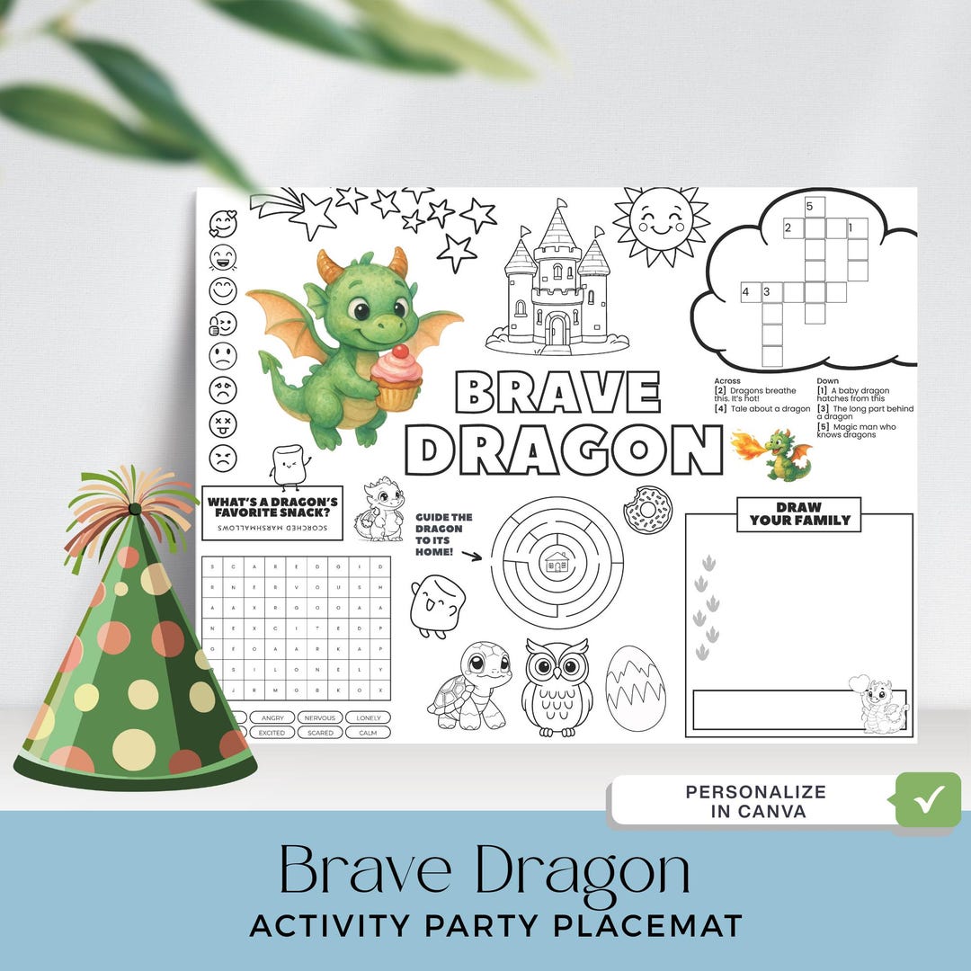 Brave Dragon Placemat Printable, Party Activity Sheet, Kids Party ...