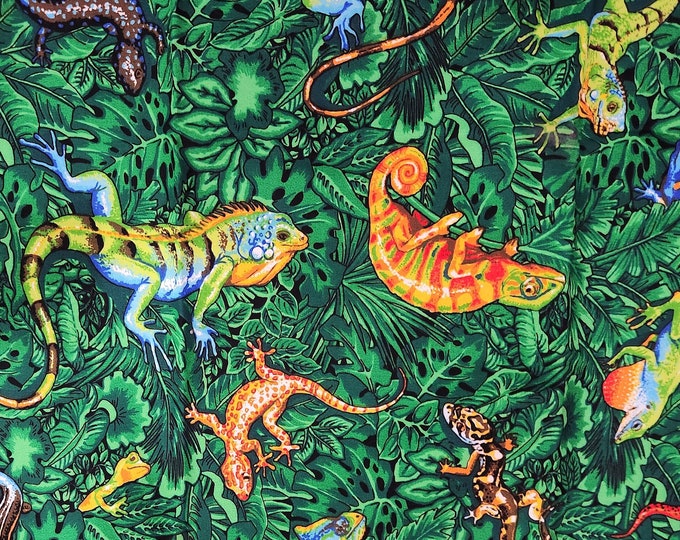 Green Lizard Cotton Fabric, Salamander Cotton Fabric, Chameleon Cotton ...