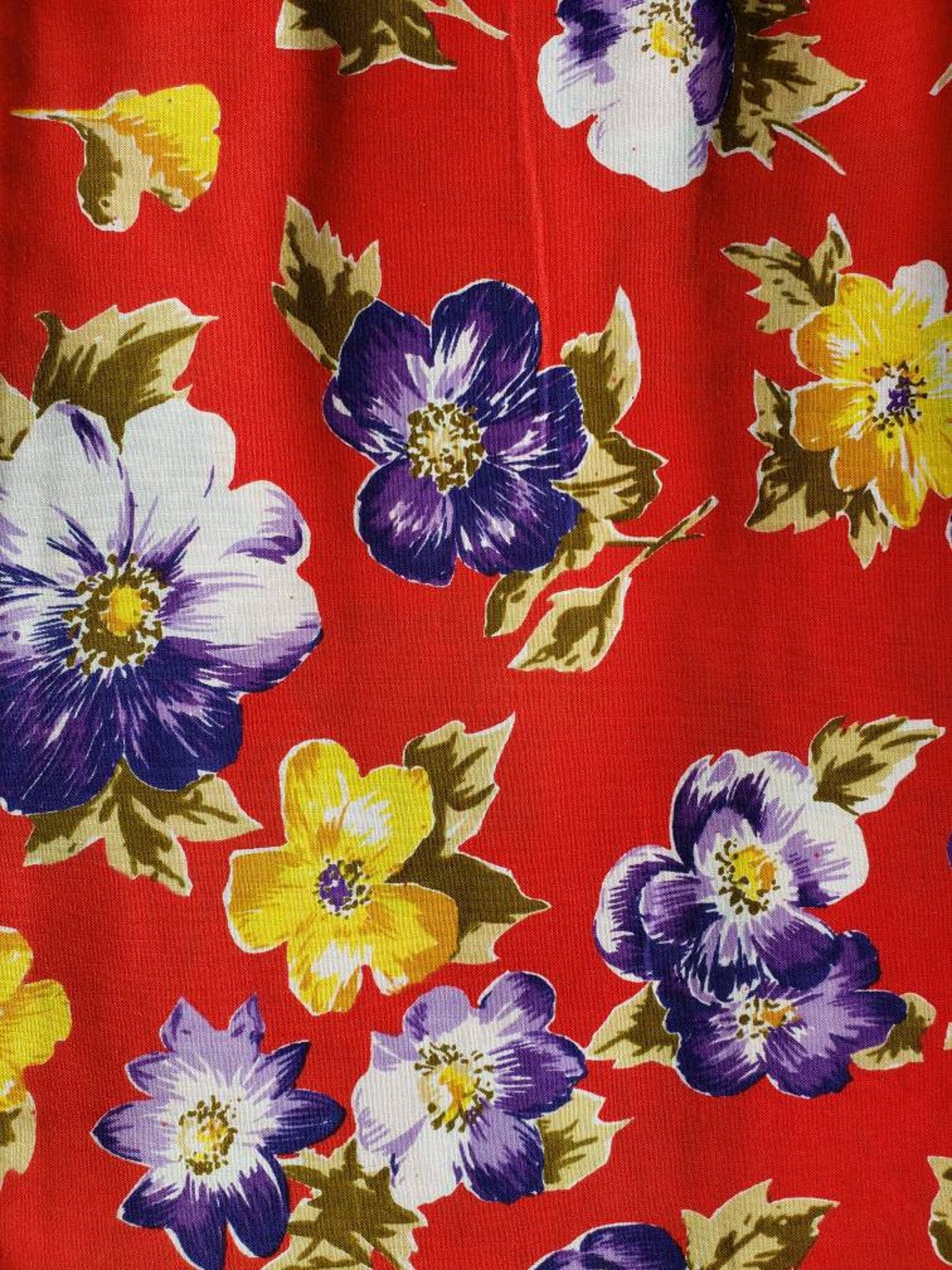 Vintage Floral Fabric Red Floral Fabric Purple Flowers Red - Etsy