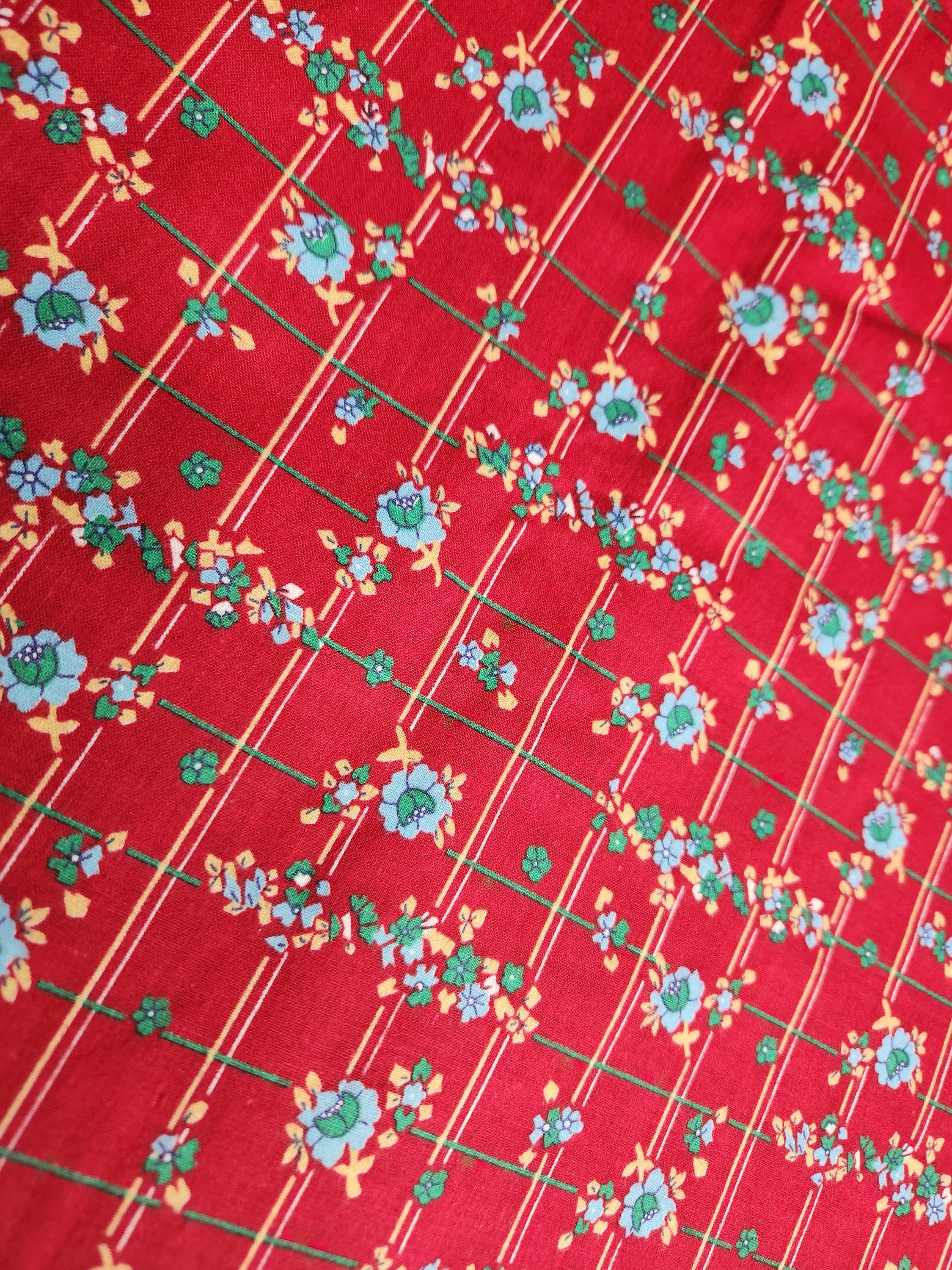 Vintage Red Floral Fabric, Blue and Red Floral, Red Checkered Fabric ...