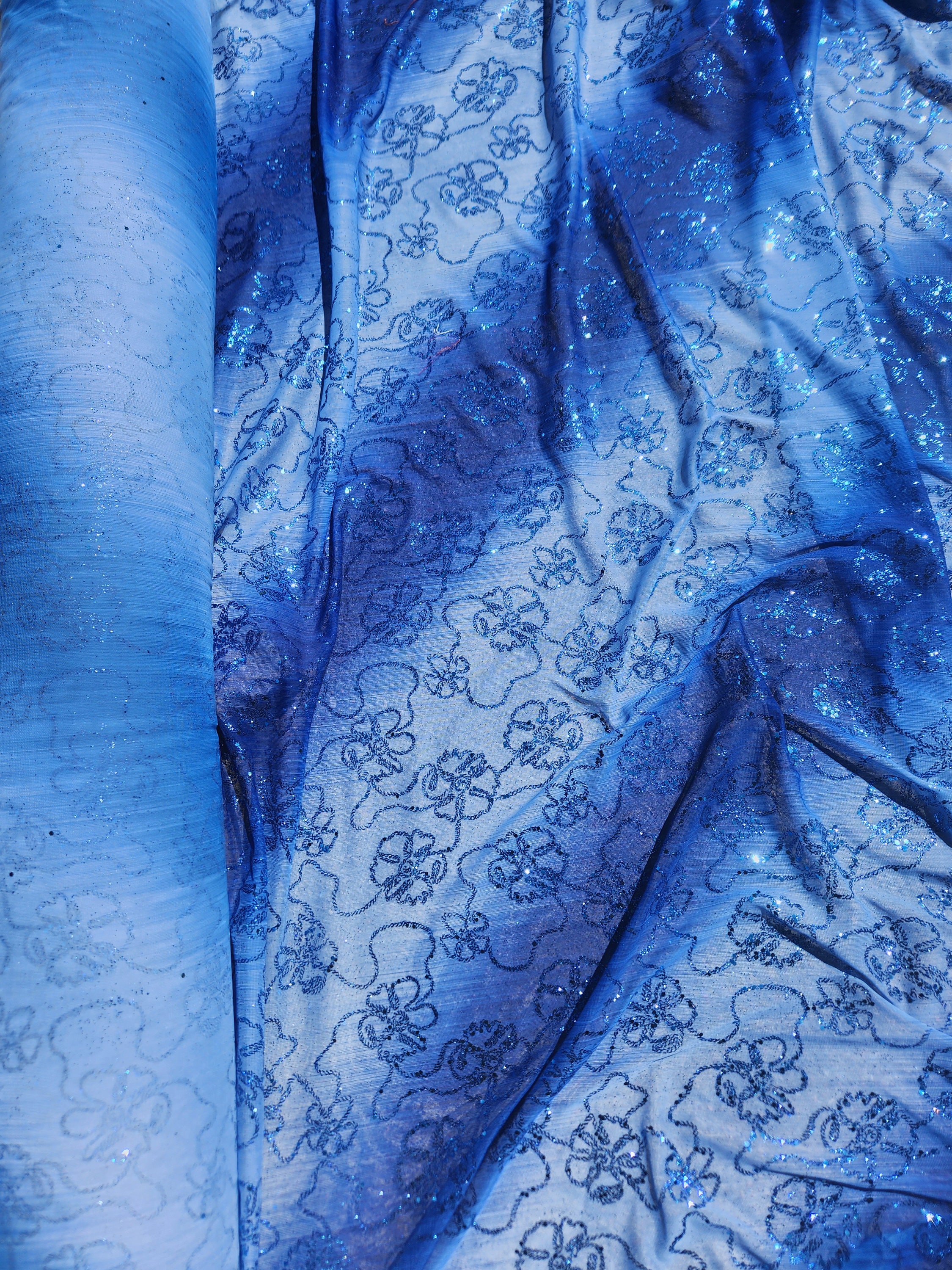 Sheer Blue Glitter Fabric, Blue Floral Glitter Fabric, Sheer Glitter ...